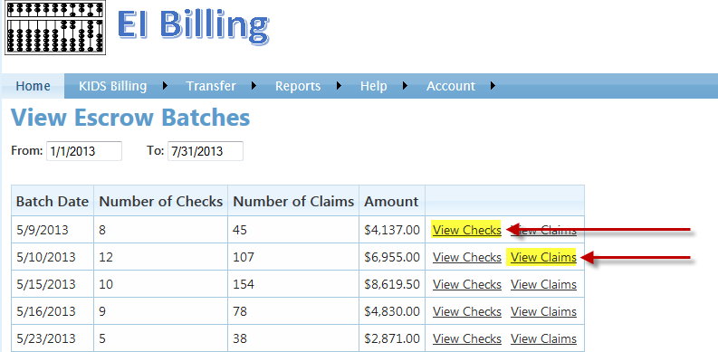 View Escrow Batches Report - Ei-Hub